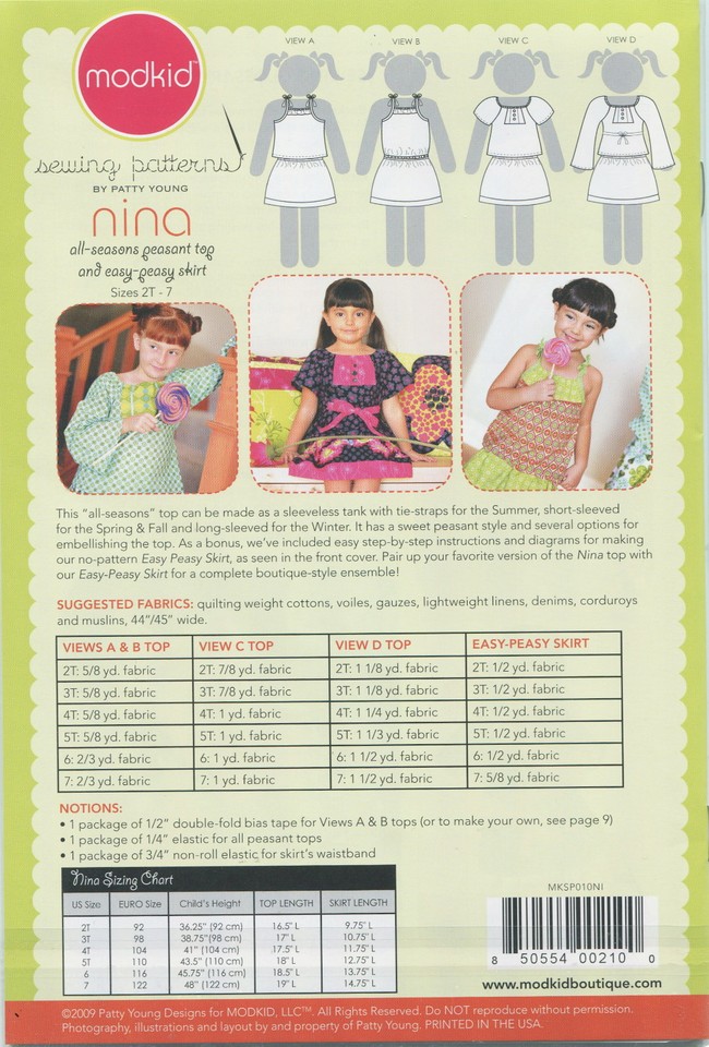 Nina Girls Peasant Top & Skirt Modkid Sewing Pattern Size 2T-7 | eBay