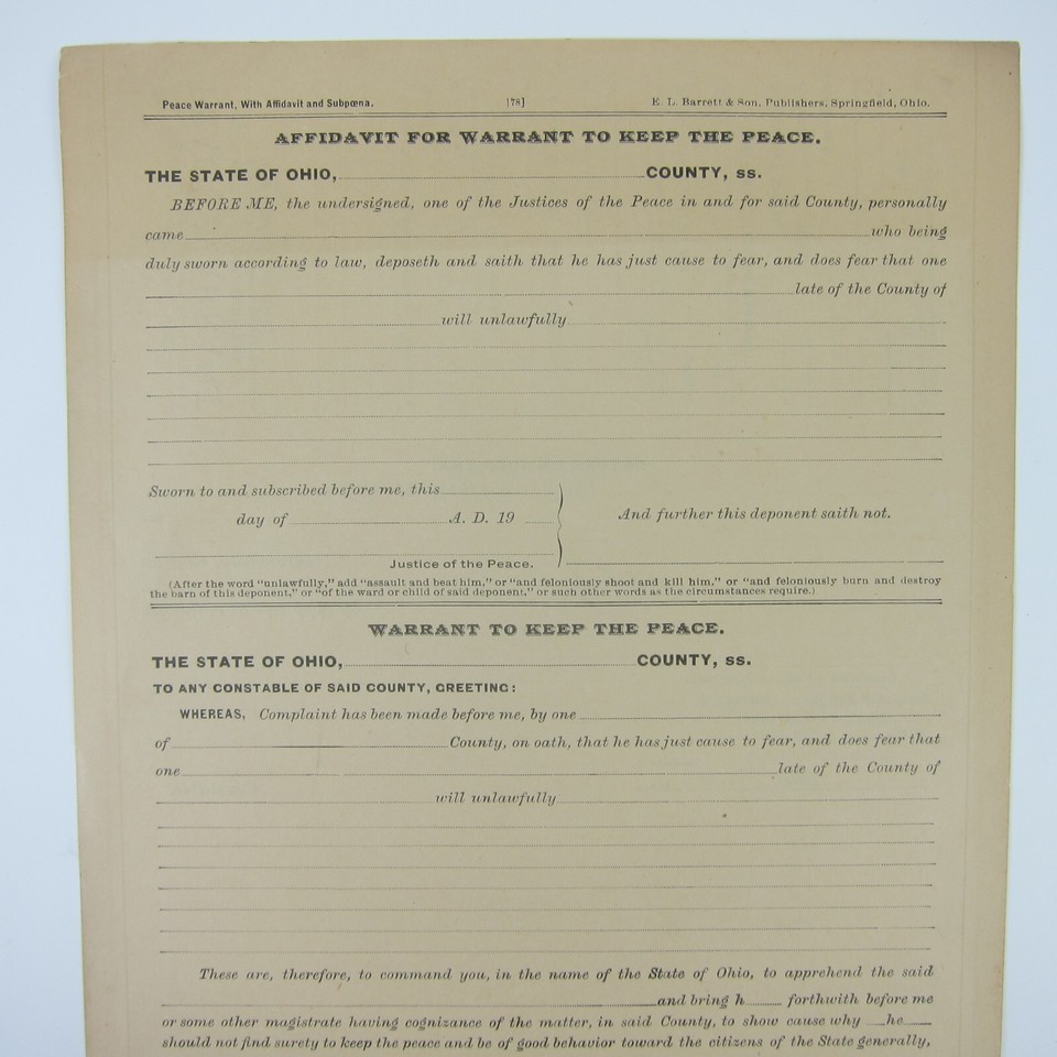 Ohio Peace Warrant Affidavit & Subpoena Record Form Blank Antique 1900 ...