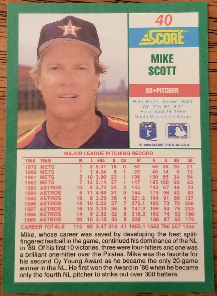 Mike Scott Houston Astros 1990 Score Baseball Card #40 MT | eBay