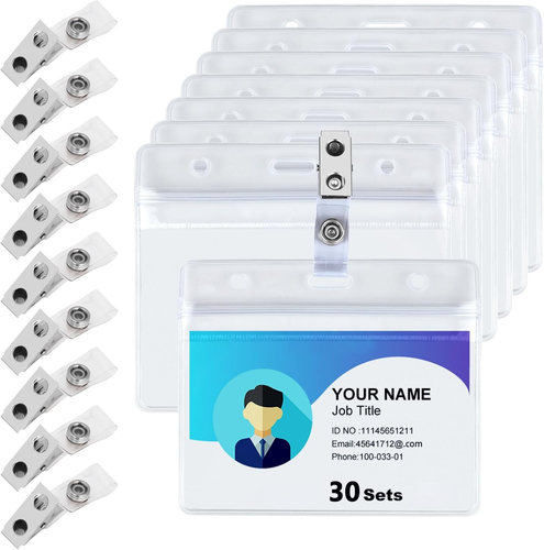 30 Sets Id Badge Holders with Metal Clips Clear Horizontal ID Card Name ...