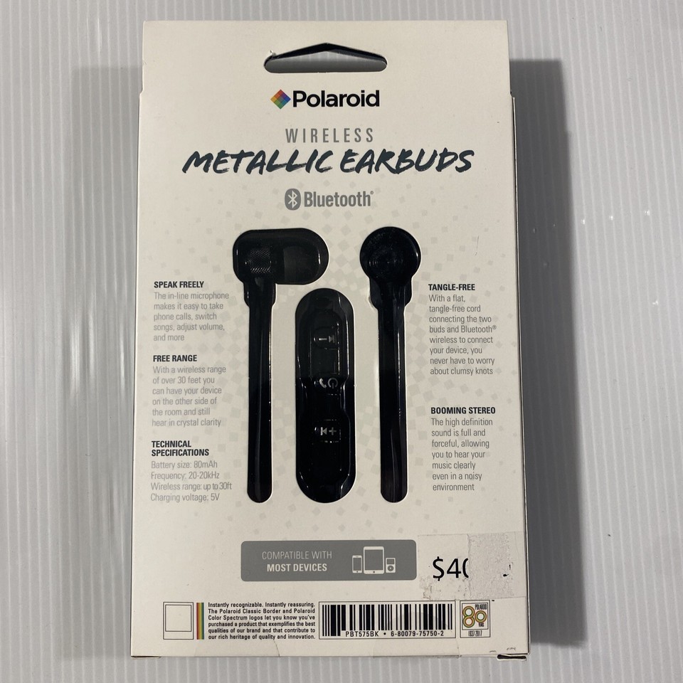 Polaroid Wireless Metallic Earbuds Bluetooth Tangle Free Cord NEW FREE ...