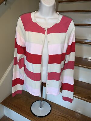 MOSSIMO Candy Stripe red Pink Cream Light Weight Sweater Cardigan Sz M ...