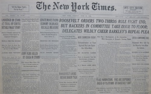 6-1932 JUNE 28 PROHIBITION FDR ORDERS TWO THIRDS RULE. LINDBERG ON ...