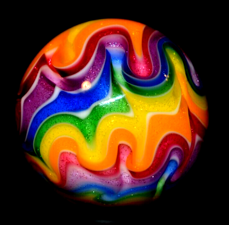 HOT HOUSE GLASS MARBLE/1.736"-DICHROIC CARNIVAL FLAME TWIST BANDED ...