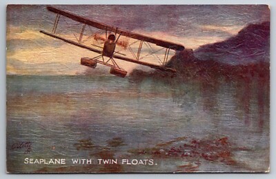 Postcard Tractor Biplane with Twin Floats Seaplane Over Water Tucks ...