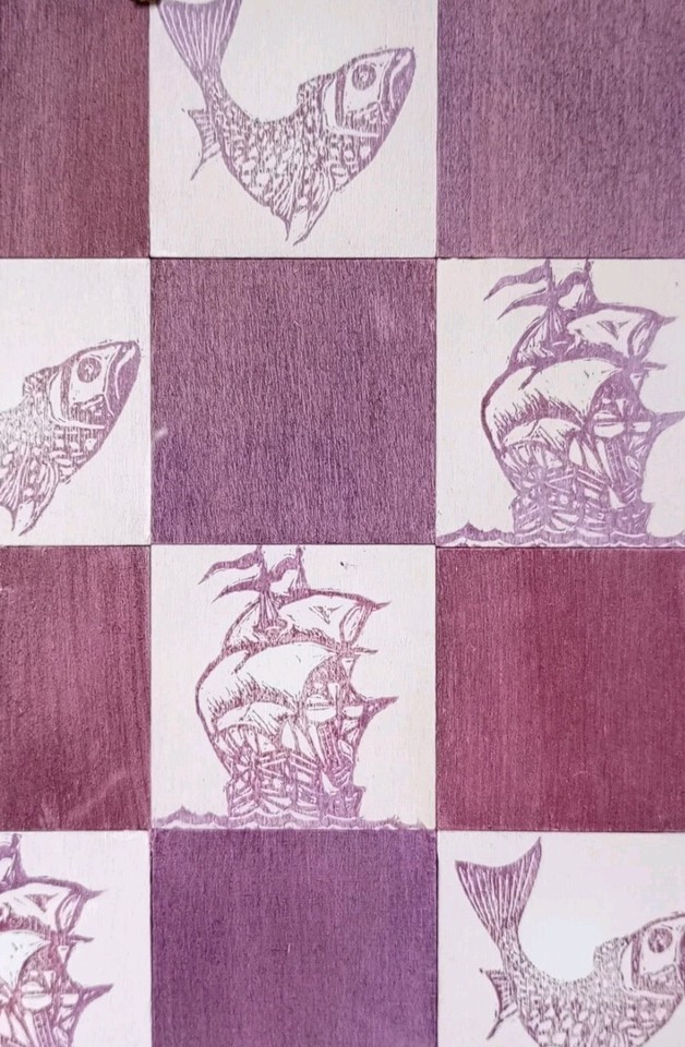 Maritime Fish Ship William de Morgan Wooden Tile Arts & Crafts Linocut ...