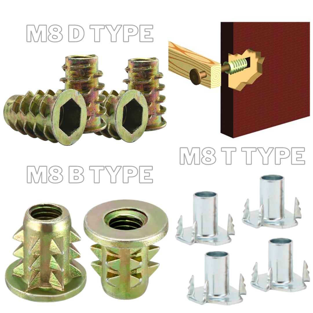 THREADED WOOD INSERT NUTS M8 HEX DRIVE SCREW FIXINGS TYPE D or T or B ...