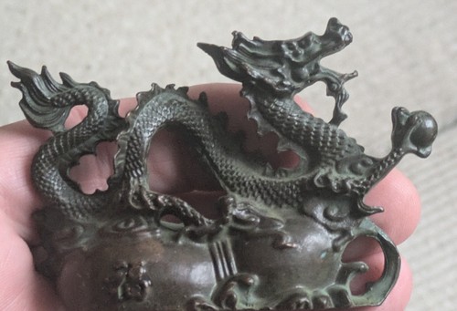 Antique Chinese Bronze Dragon chasing Pearl figure. Lovely patination ...