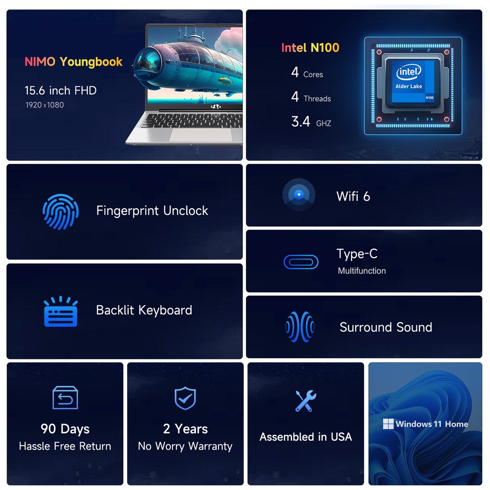 NIMO 15.6'' FHD Student Laptop 16GB RAM 1TB SSD N100 WiFi 6 NEW Windows ...