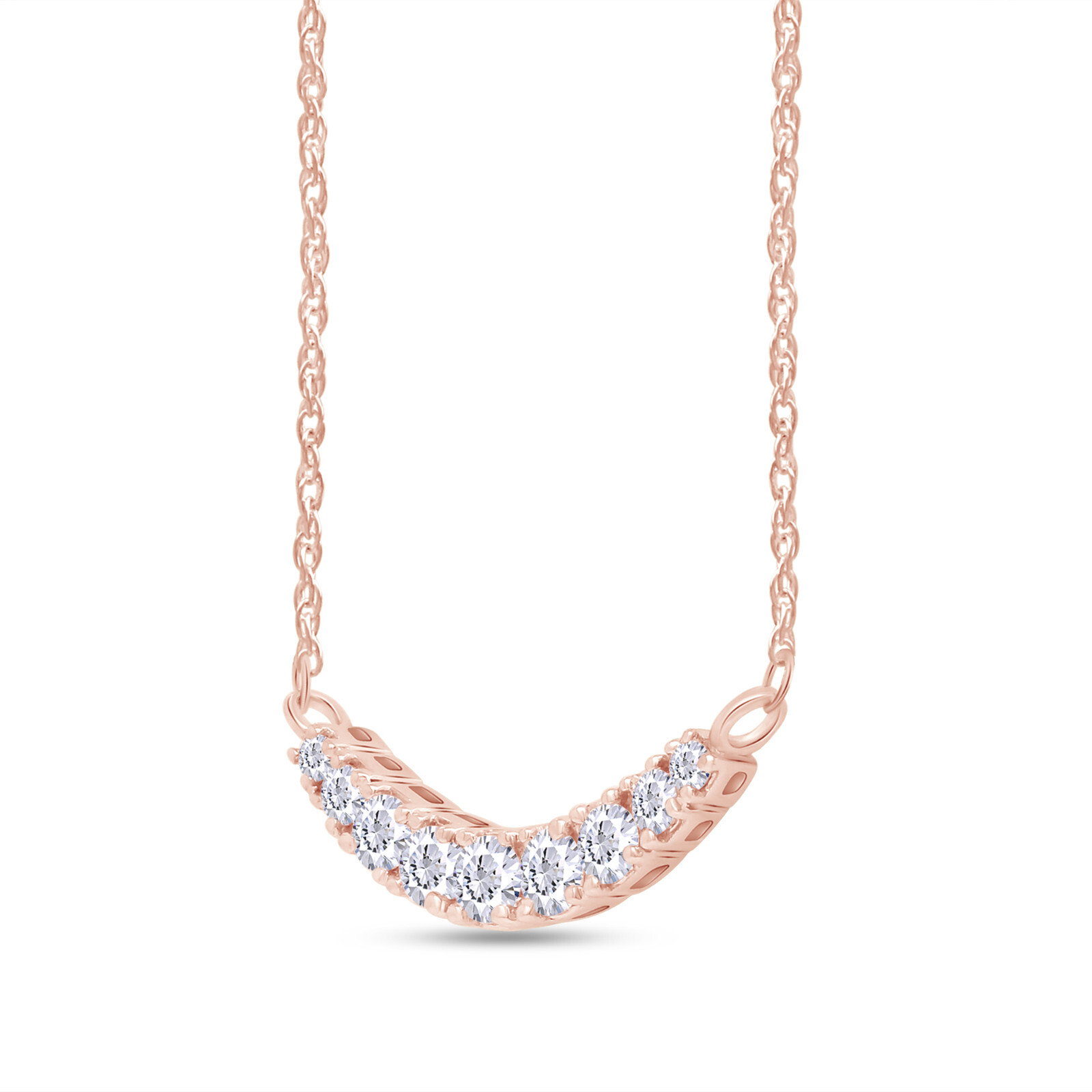 1/2ct Natural Round Diamond Curved Bar 18" Necklace in 14K Solid Rose ...
