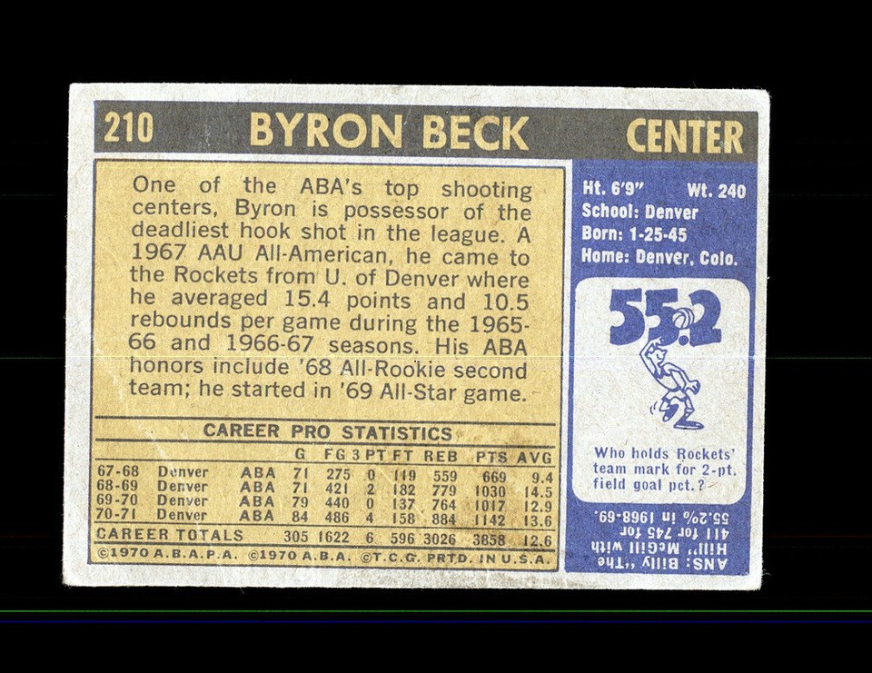 1971-72 Topps Basketball #210 BYRON BECK - DENVER ROCKETS | eBay
