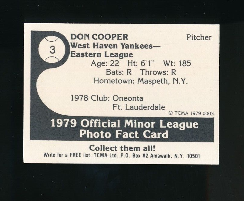 1979 TCMA West Haven Yankees Don Cooper xrc rookie signed auto ...