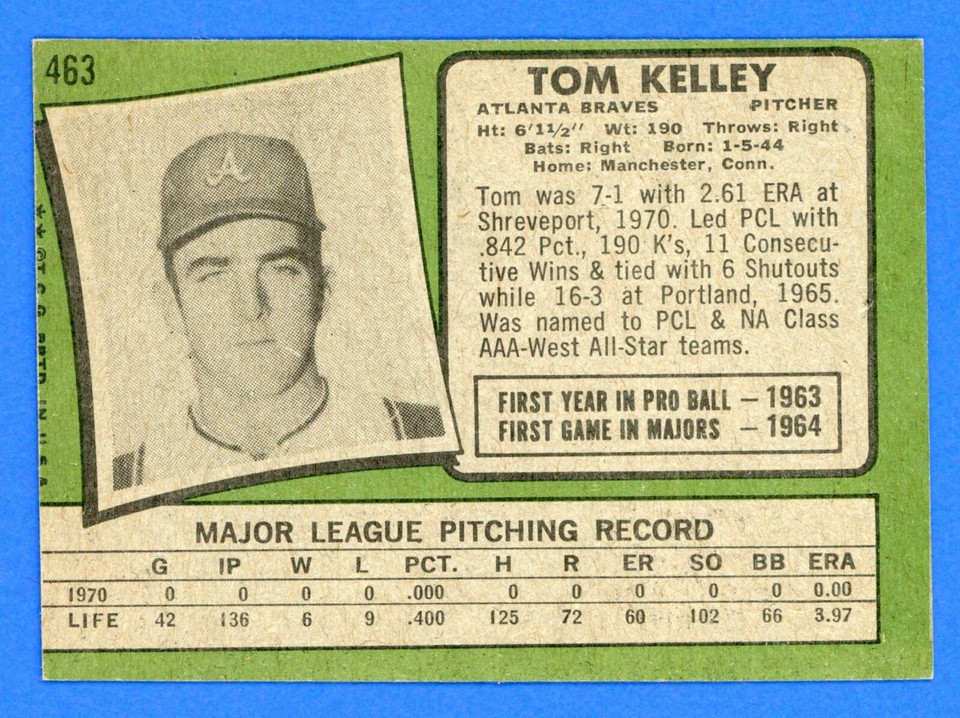 1971 Topps #463 Tom Kelley VG-EX Atlanta Braves MC | eBay