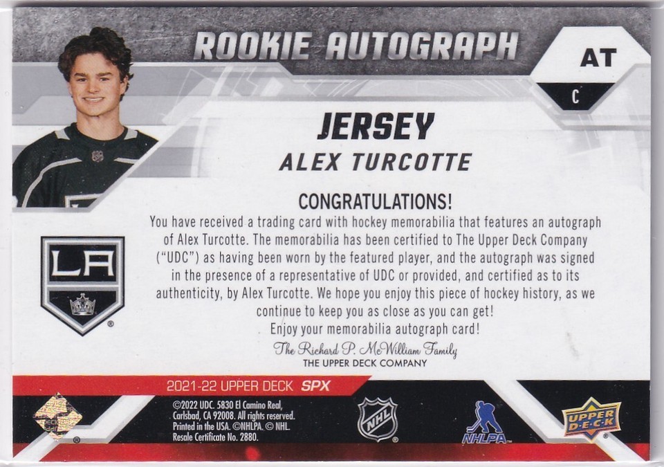2021-22 Upper Deck SPx Rookie Jersey Autograph Alex Turcotte #094/175 ...