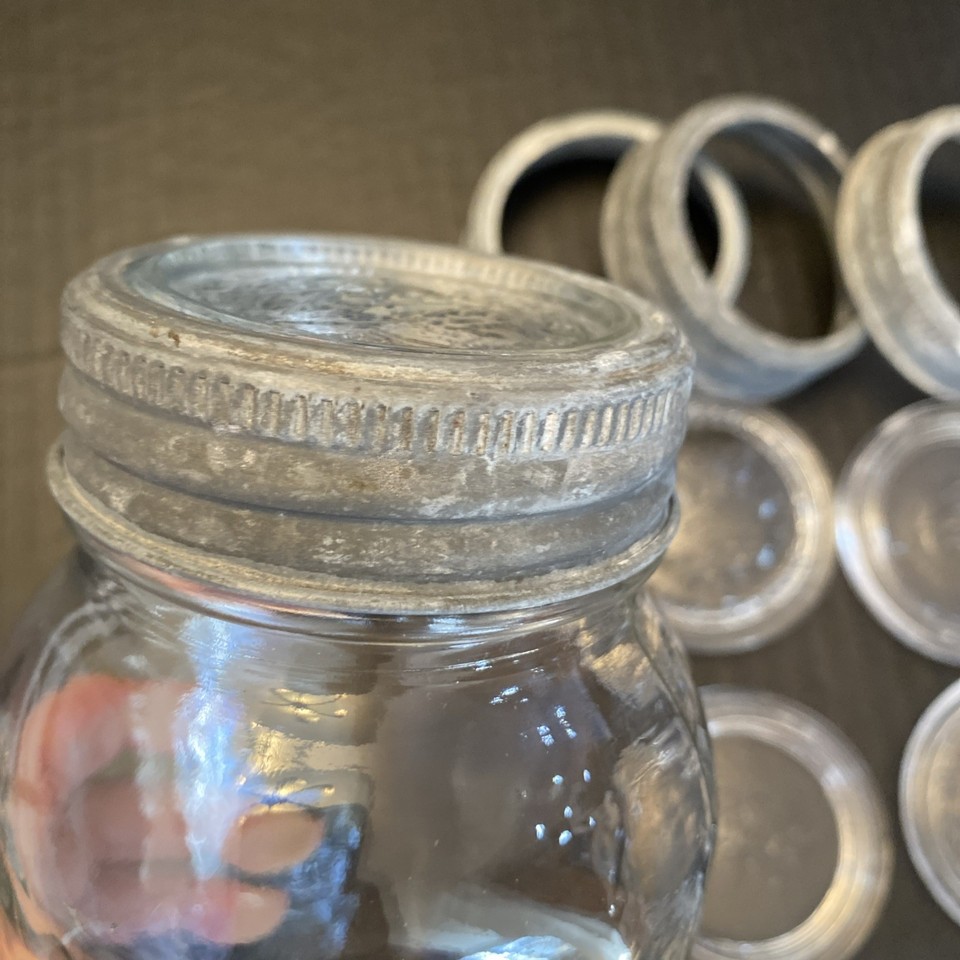 6 Vtg Reg Ball Kerr Clear Glass Lid Inserts W/ Aluminum Rings Mason ...
