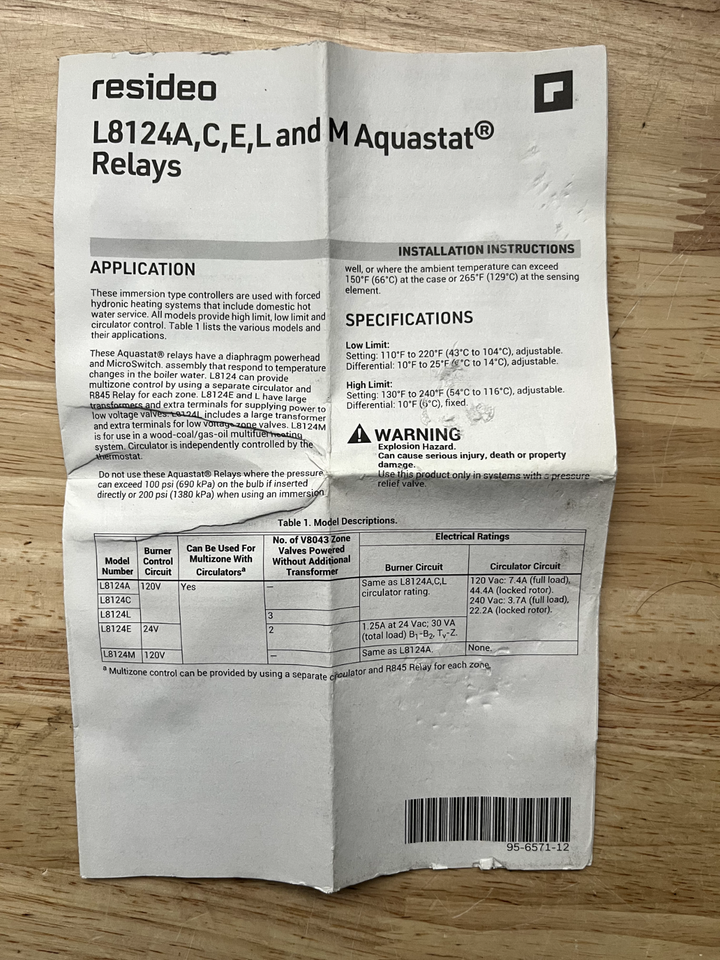 Used Resideo L8124A 1007 AQUASTAT - high Low limit relay boiler control ...