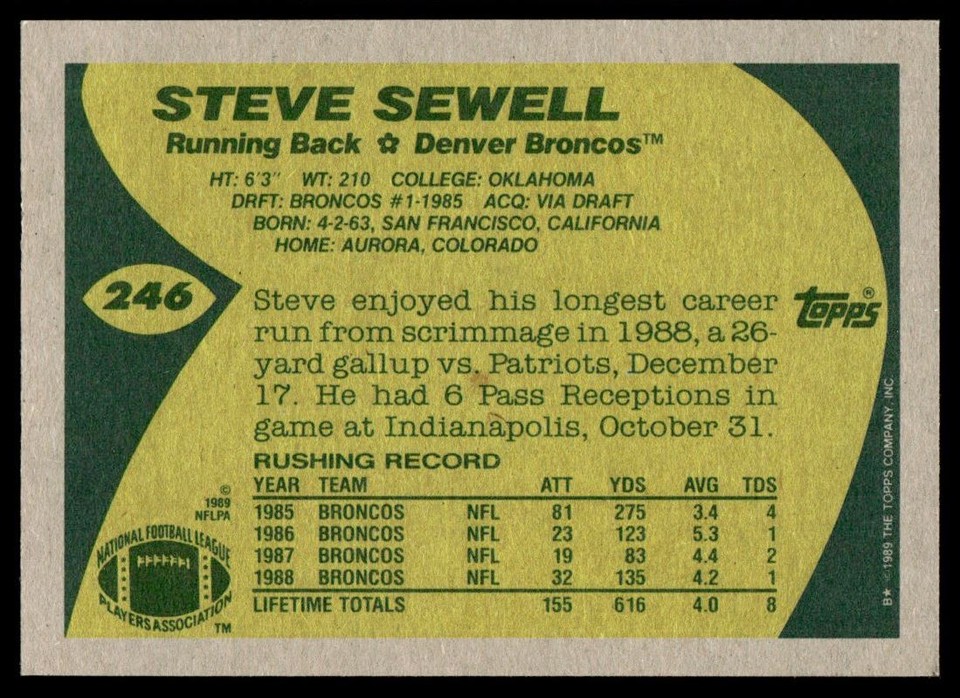 1989 Topps Steve Sewell Denver Broncos #246 | eBay