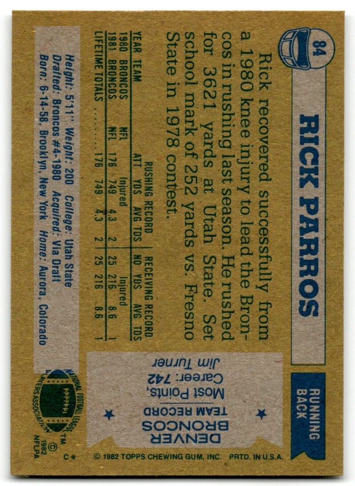 1982 Topps Rick Parros Rookie Denver Broncos #84 | eBay