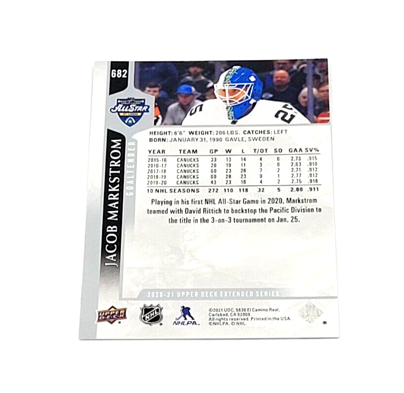 2020-21 Upper Deck Extended Series Hockey Jacob Markstrom Vancouver ...