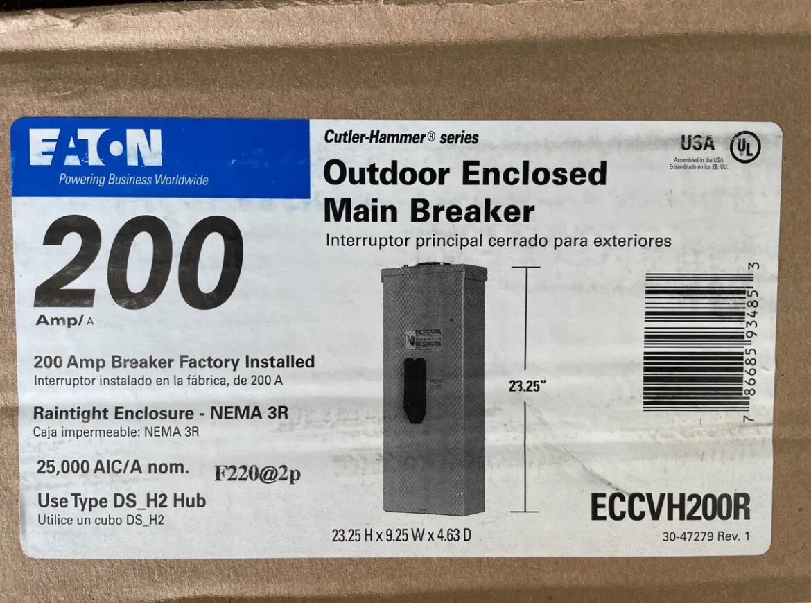 Eaton ECCVH200R , 200 Amp Enclosed Outdoor Main Breaker, Load Center ...