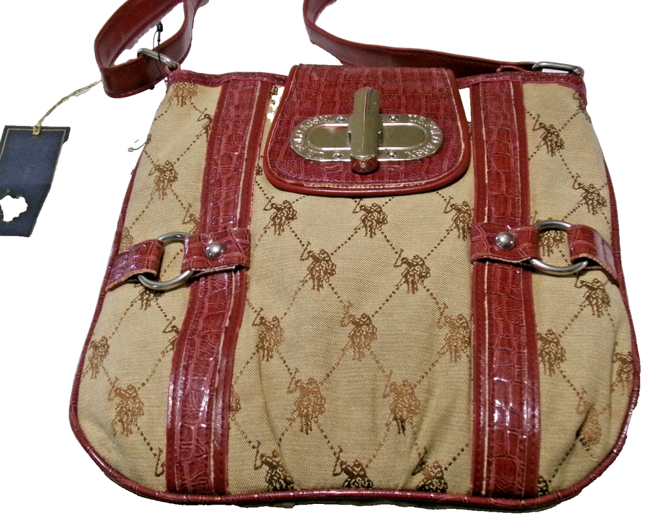 US Polo Assn Crossbody Bag Womens Small Tan Canvas Logo Red Trim Purse ...