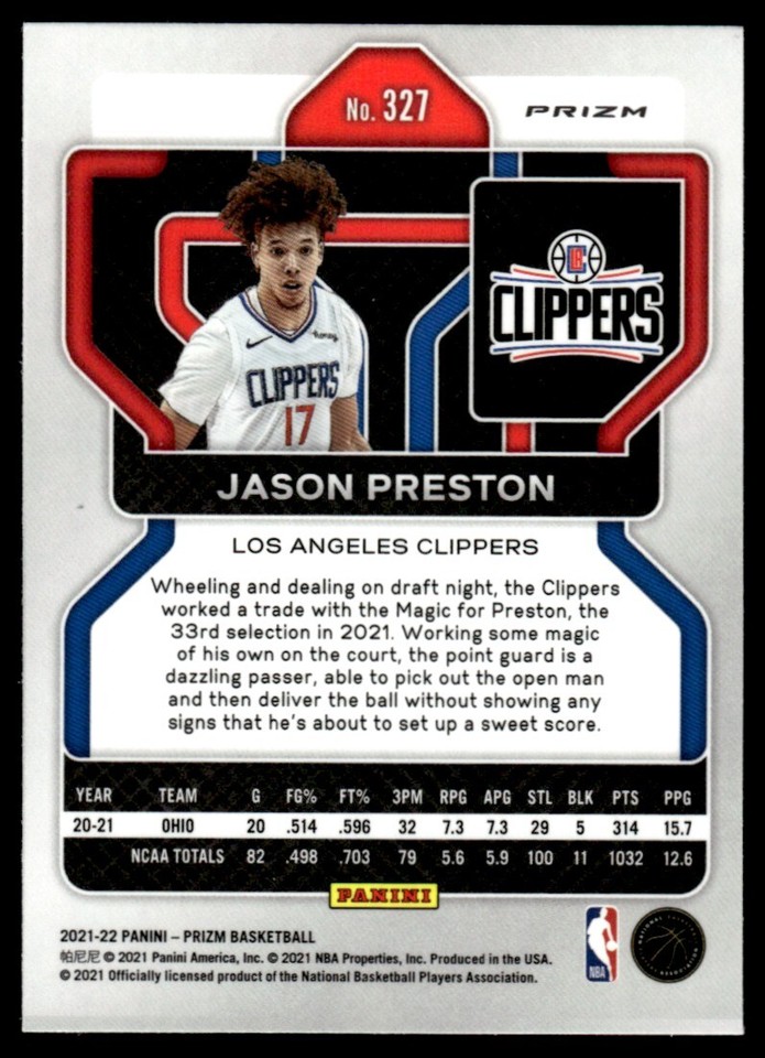2021-22 Panini Prizm Silver Prizm Jason Preston Rookie Los Angeles ...