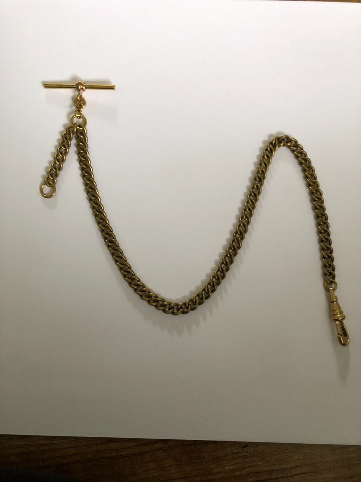 unusual vintage type solid brass single albert pocket watch chain t bar ...