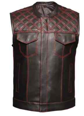 Men's Red diamond stitch black leather vest 6671.01 | eBay
