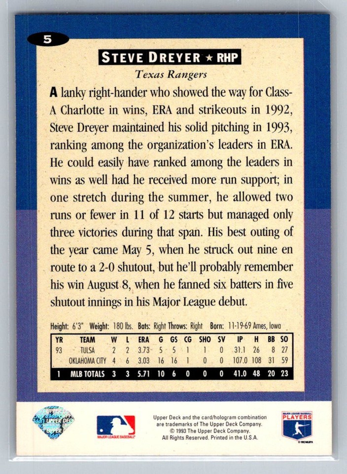 💎1994 Collector's Choice Silver Signature #5 Steve Dreyer - Rangers💎 | eBay
