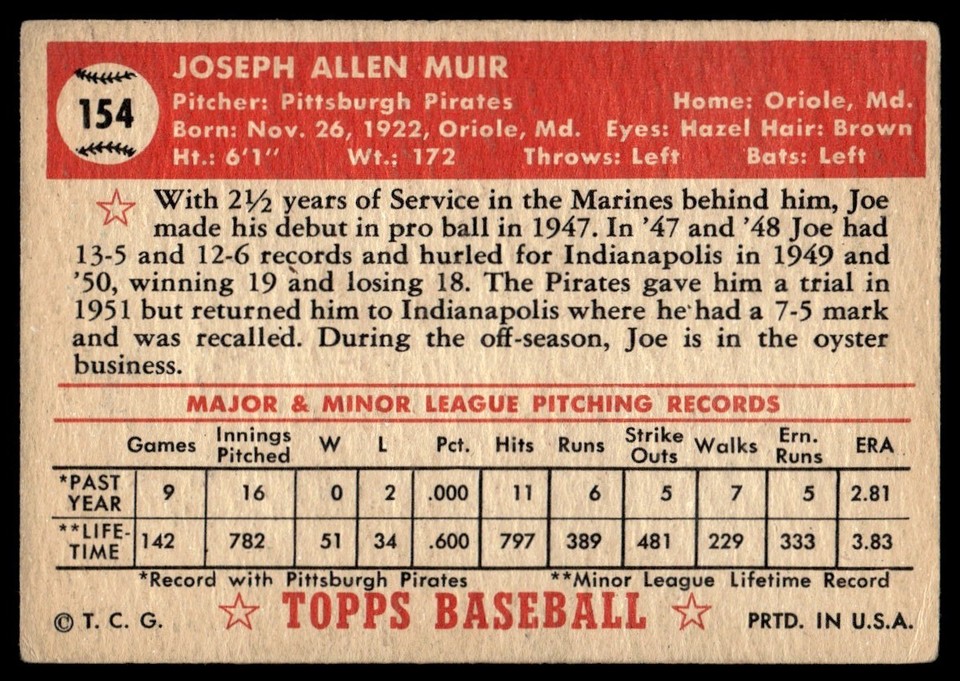 1952 Topps Joe Muir Pittsburgh Pirates #154 | eBay