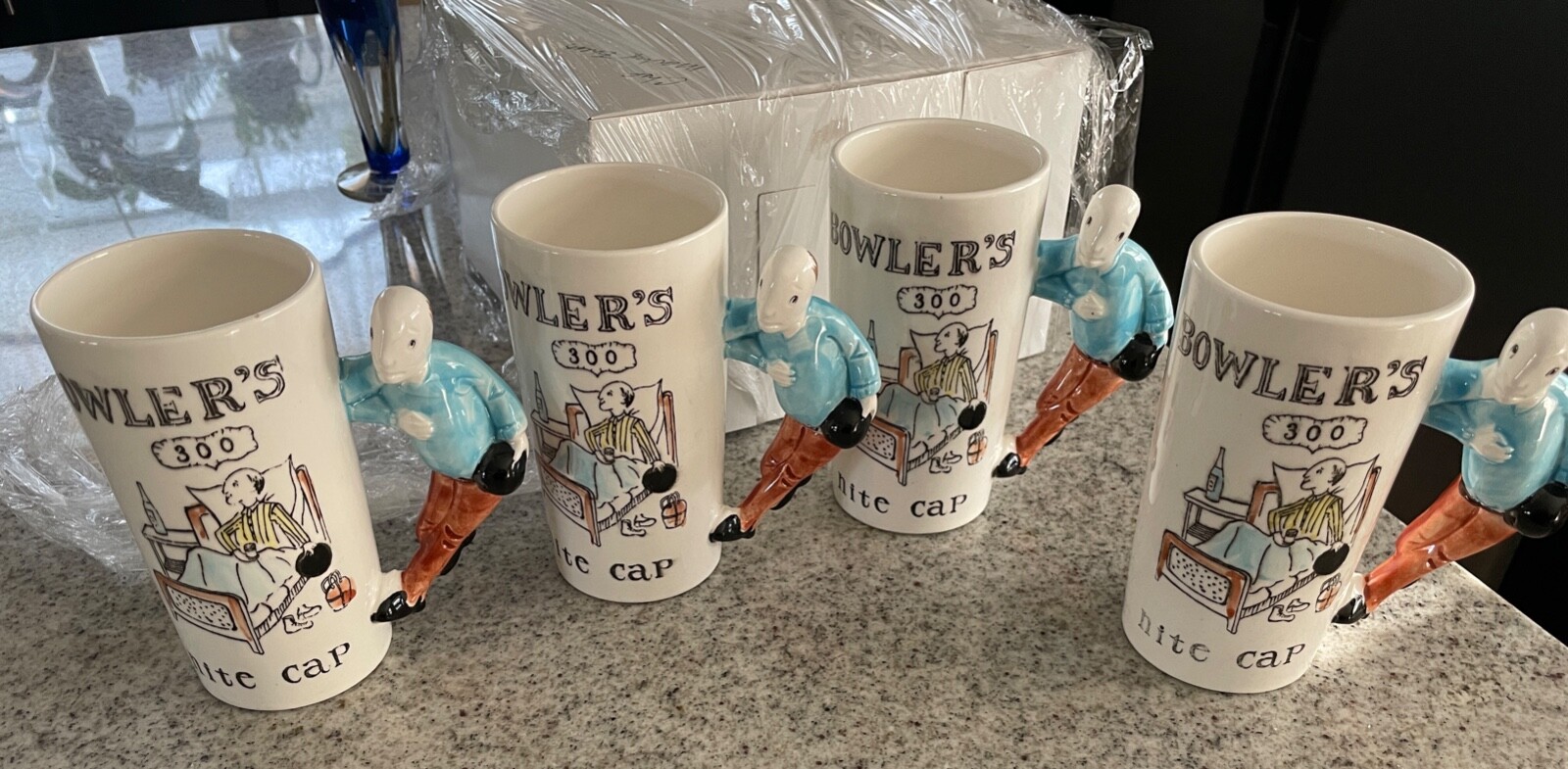 4 Vtg Bowler's Nite Cap Novelty Bar Mugs, with original labels "Made in ...