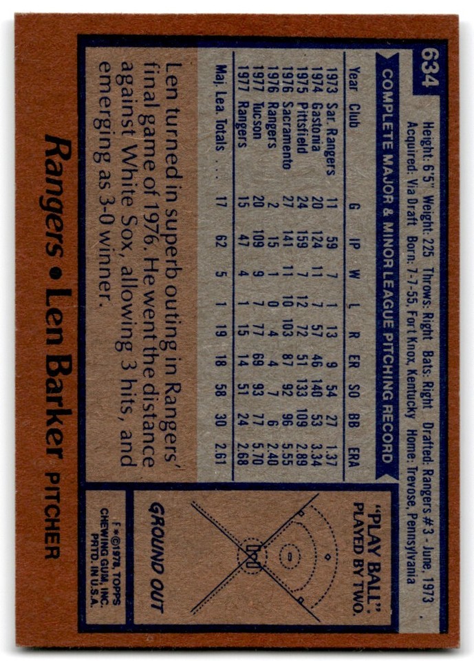 1978 Topps Len Barker . Texas Rangers #634 | eBay