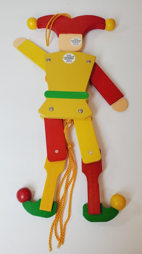 Echte Erzgebirgische Handarbeit Germany Wooden Clown Jester Pull String ...