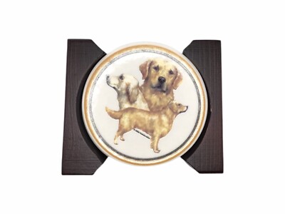Ceramic Yellow Labrador Retriever Dog Coaster set of 4 with Wooden ...