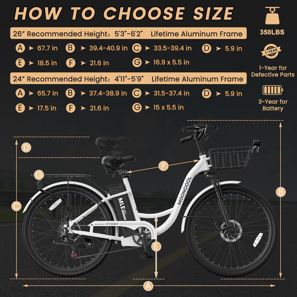 MOONCOOL 24/26" Electric Bike Bicycle 700W 7 Speed 36V 10.4Ah Battery ...