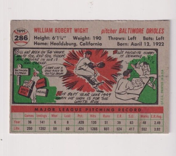 BILL WIGHT 1956 TOPPS BASEBALL #286 BALTIMORE ORIOLES VINTAGE CARD GRAY ...