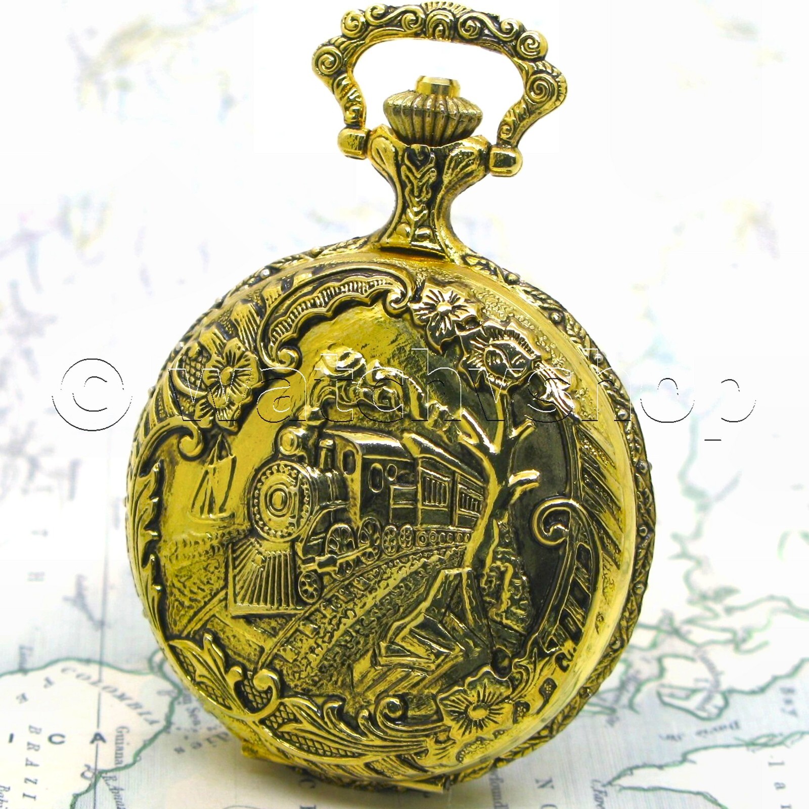 Gold Antique Mens Quartz Pocket Watch TRAIN design with Fob Chain Gift ...