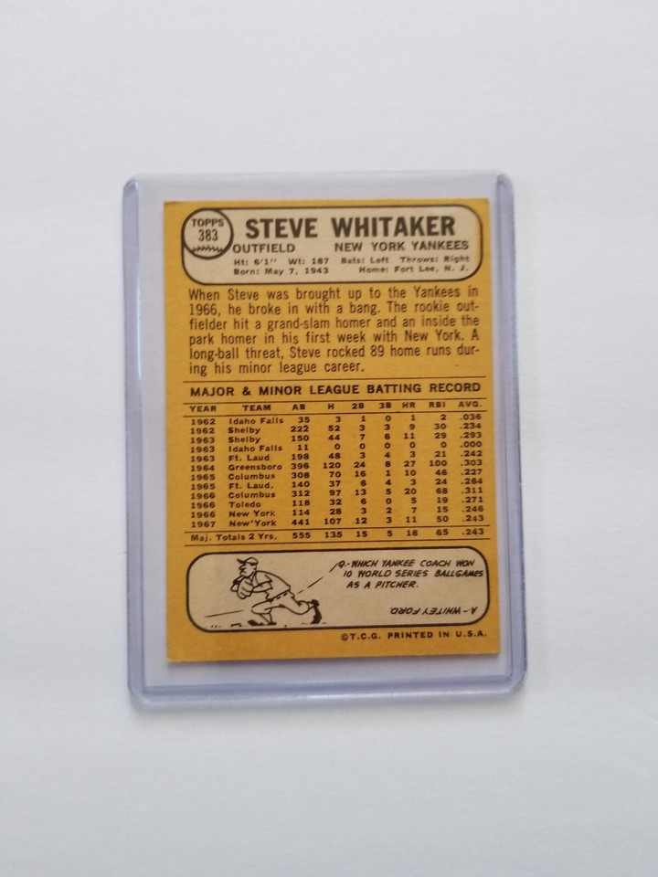 1968 Topps Baseball Steve Whitaker Card #383 NRMNT | eBay