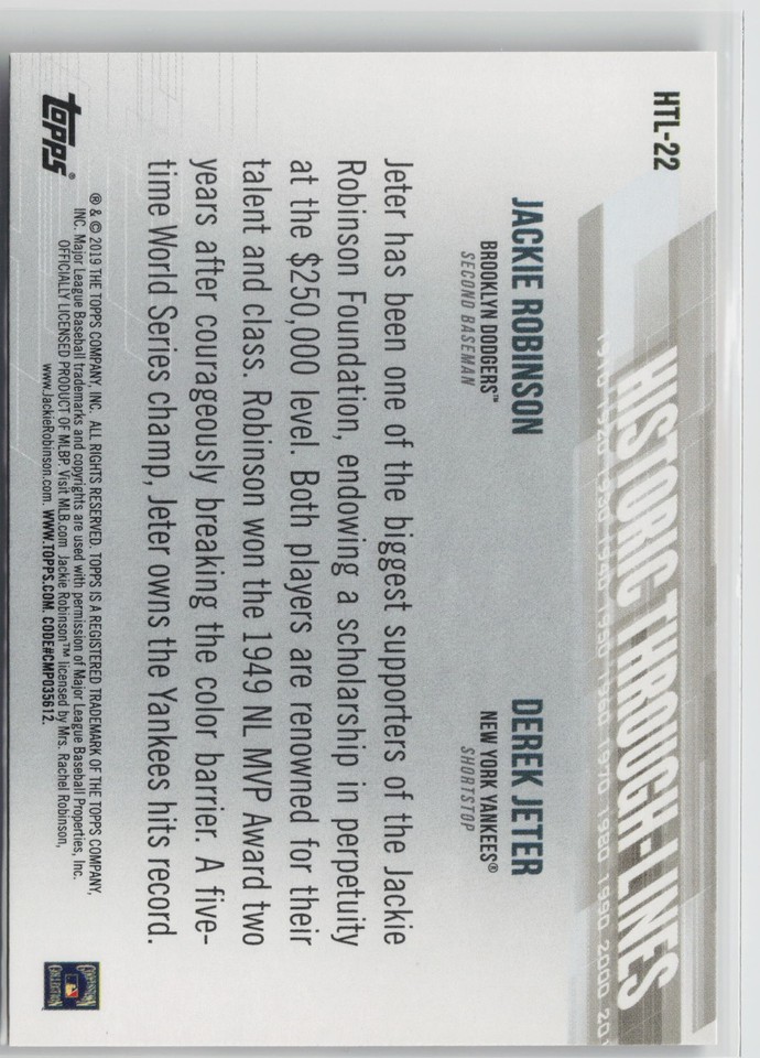 2019 Topps #HTL-22 Derek Jeter / Jackie Robinson Historic Through-Lines ...