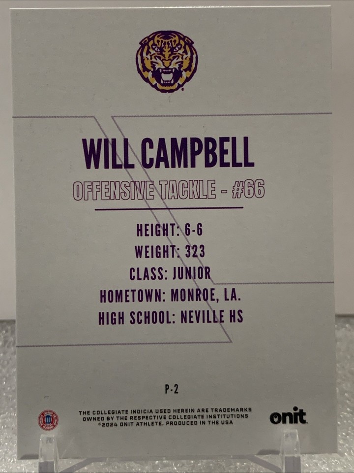 2024 Onit Athlete LSU - SILVER HOLO Color SP #P2 Will Campbell | eBay
