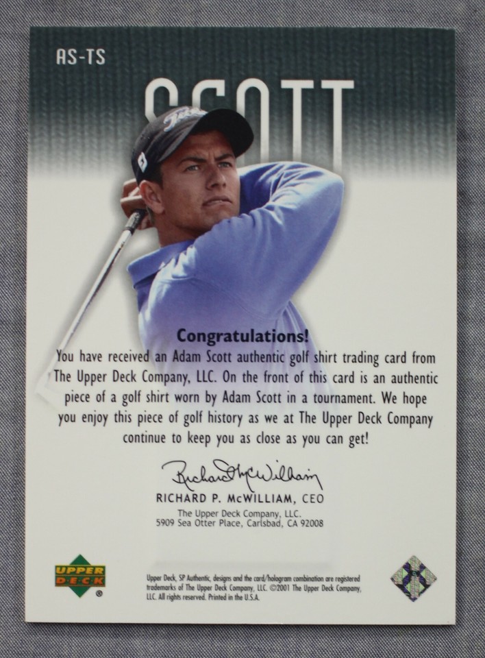 Adam Scott Masters Champion 2001 Upper Deck SP Authentic Tour Swatch ...