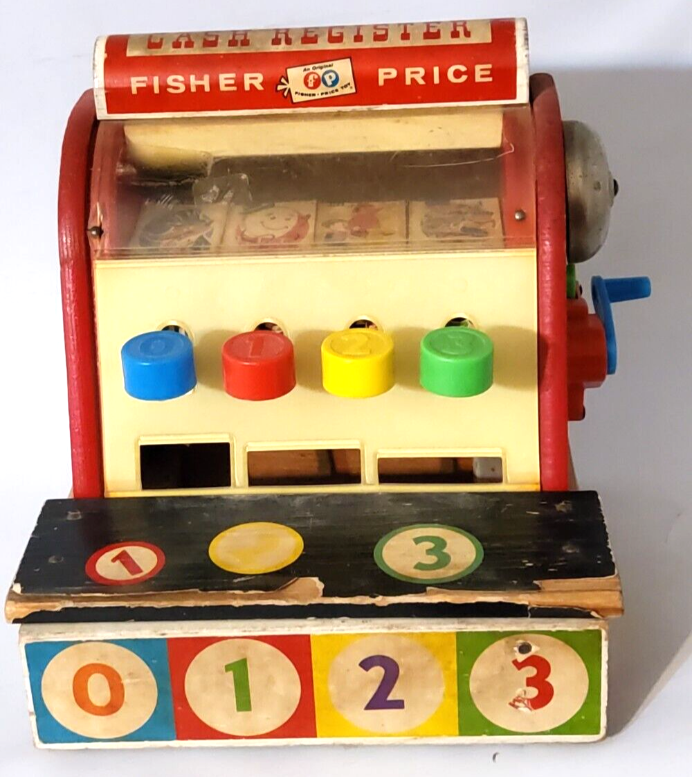 VINTAGE FISHER PRICE CLASSIC WOODEN CASH REGISTER BELL RINGS | eBay