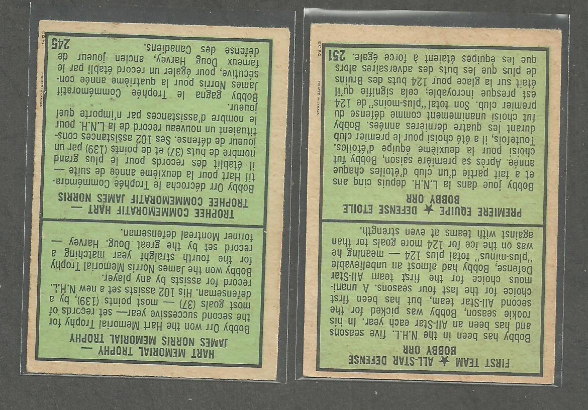1971-72 OPC HOCKEY CARD LOT OF 2 BOBBY ORR CARDS RARE # 245 AND # 251 ...
