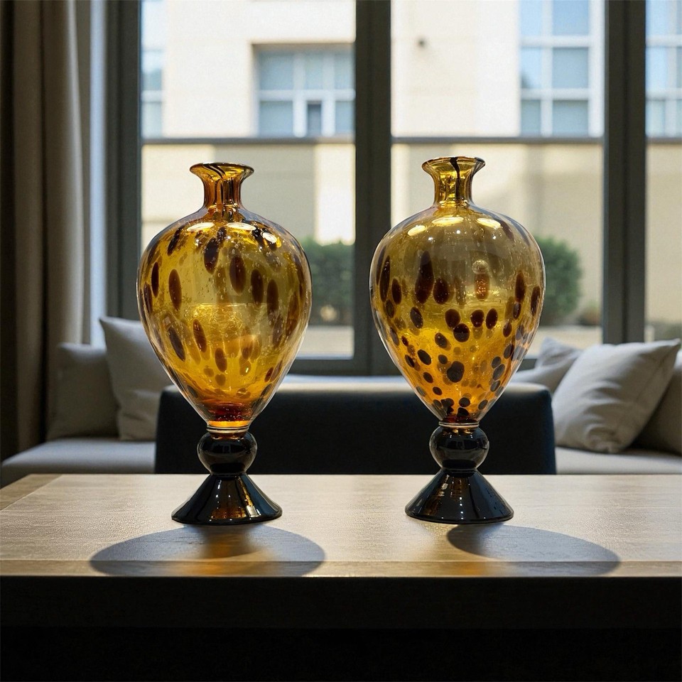 Vintage Pair Art Vases, Murano Tortoise Shell, Oil Drop Hand Blown ...