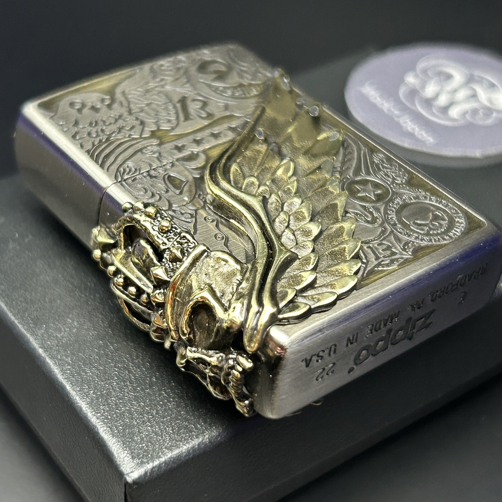 Zippo Lighter Fortune Head Lucky Owl Crown Skull 3 Sided Metal Gold ...