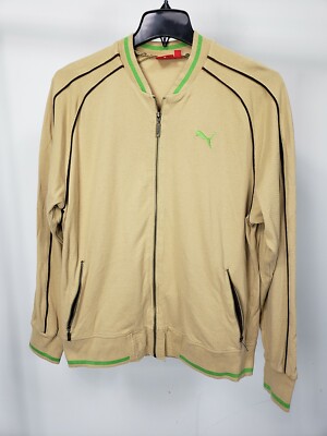 PUMA Beige Brown Green Pique Cotton Logo Zip Front Track Jacket sz L | eBay