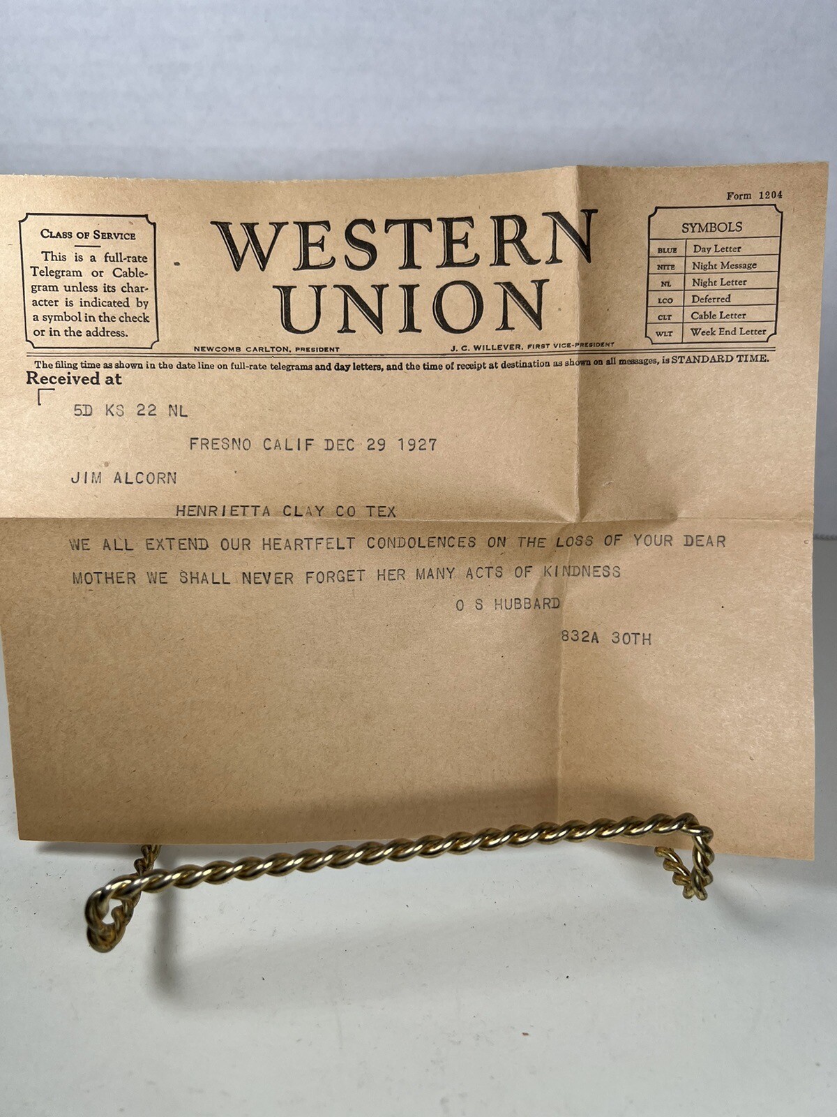 Vintage Western Union Telegram Dec 29, 1927, Sympathy Loss Of Mother | eBay