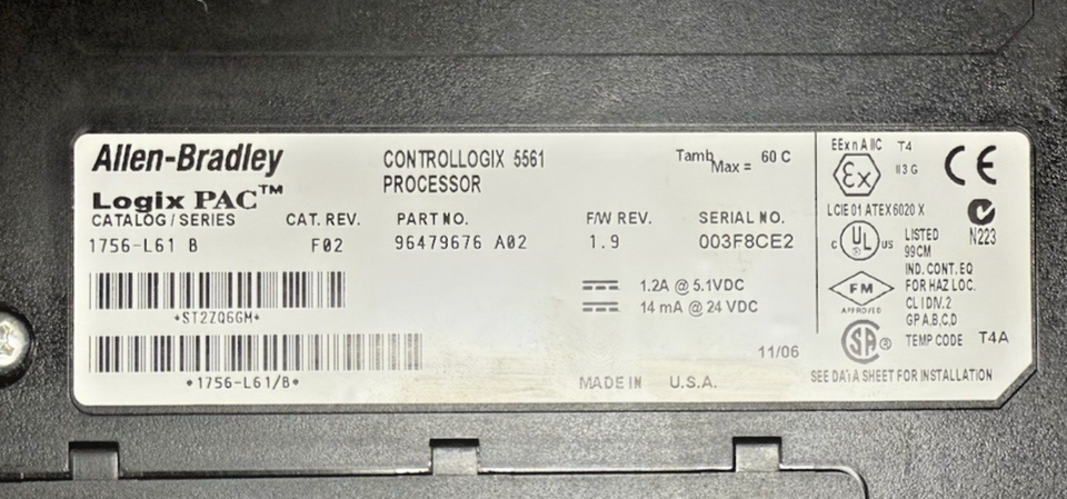 ALLEN-BRADLEY 1756-L61 CONTROLLOGIX PROCESSOR UNIT 1.2A@5.1VDC SERIES B ...