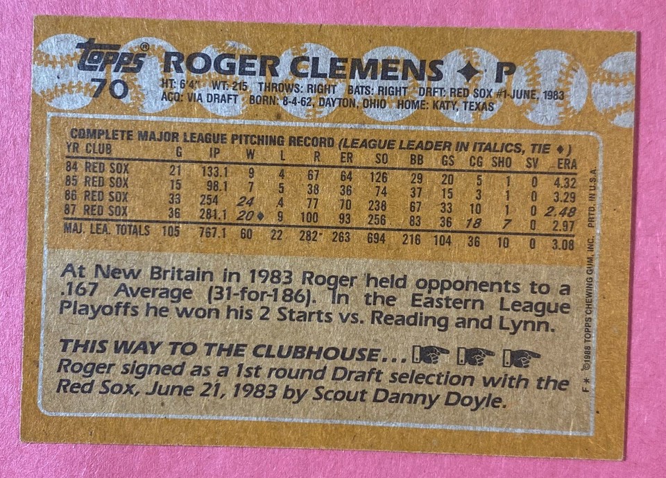 1988 Topps #70 Roger Clemens Boston Red Sox Bas Card | eBay