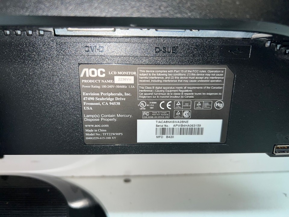 AOC TFT22W90PS 22" Computer Gaming Monitor F22 DCR w/Power Cord & VGA ...